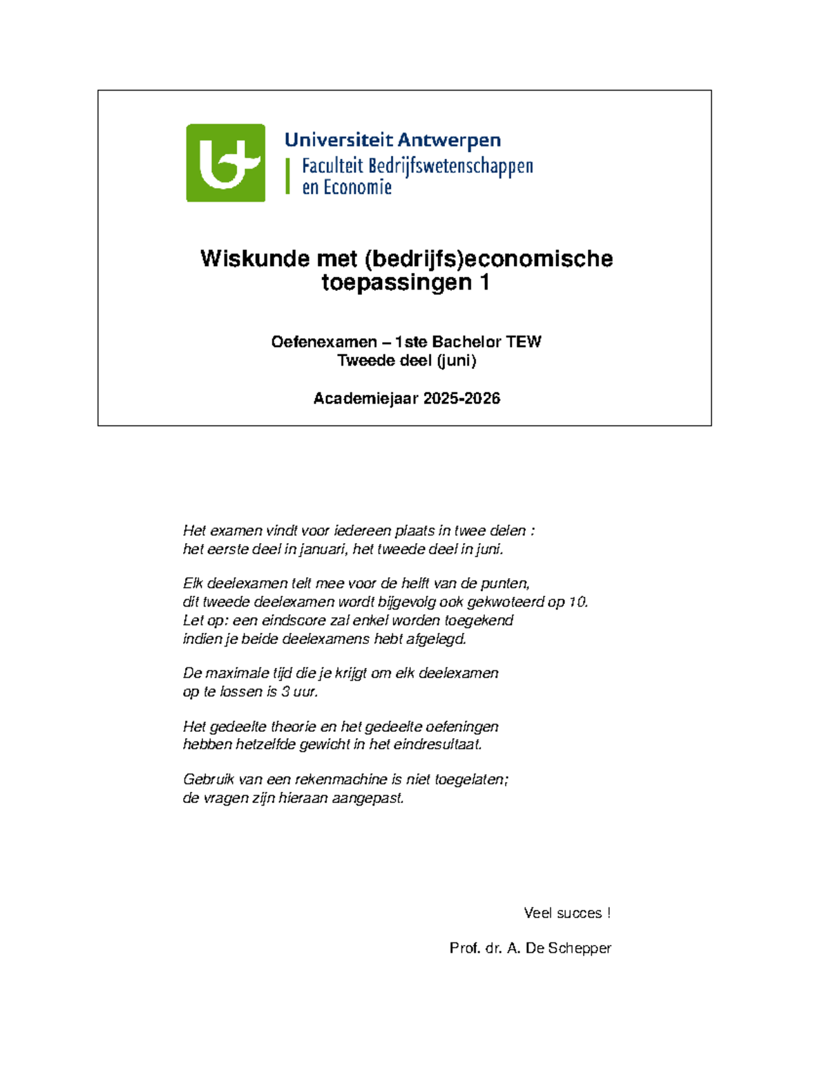 Oefenexamen Wiskunde TEW 1 - Deel 2 - Opgaven 2026 - Studocu