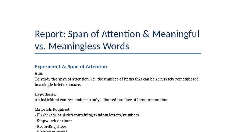 Lab Report: Span of Attention & Memory (Experiment A & B) - Studocu