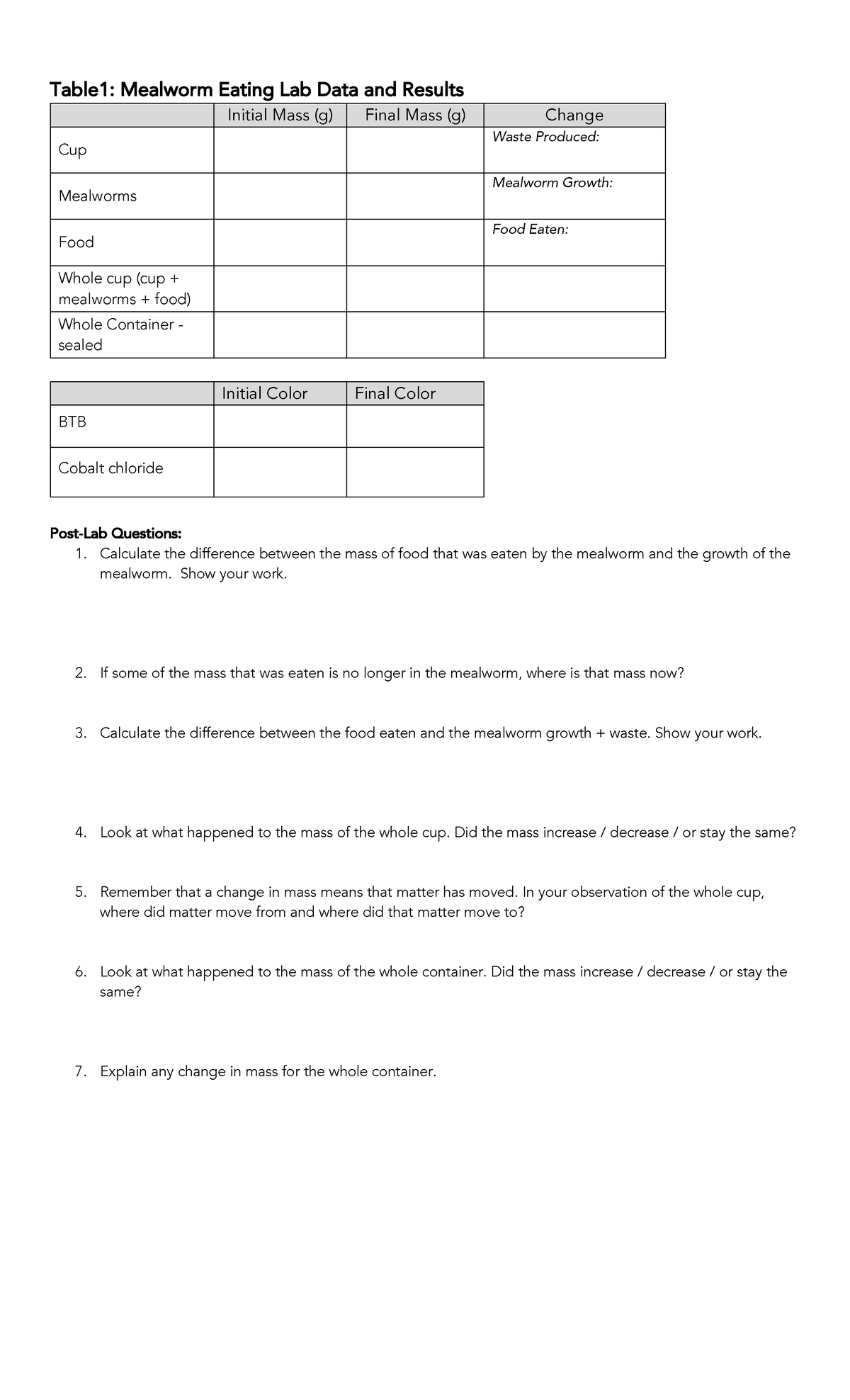 Mealworm Data Lab Results and Analysis - BIO101 - Studocu