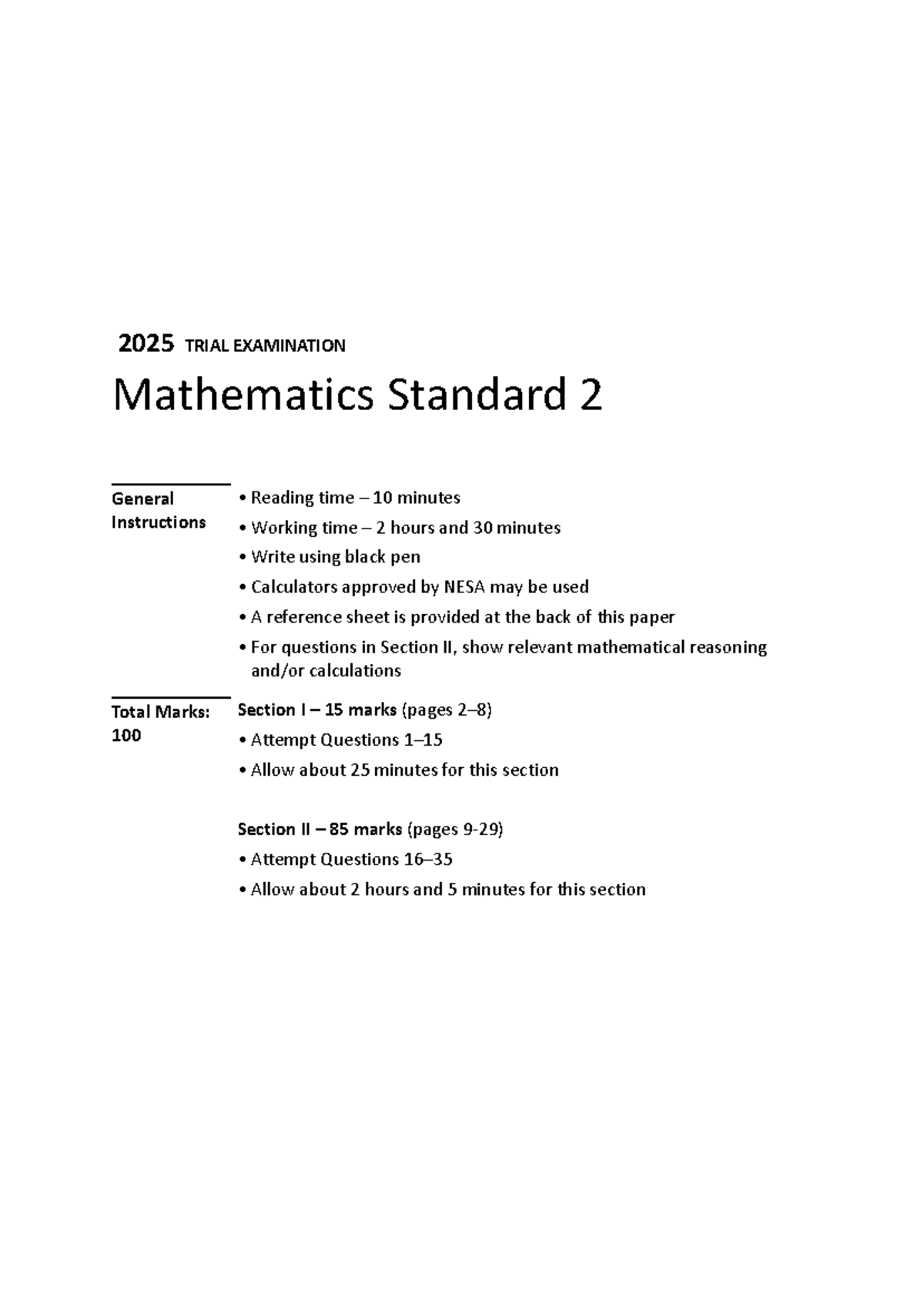 2025 Year 12 Mathematics Standard 2 Trial Exam Instructions and ...