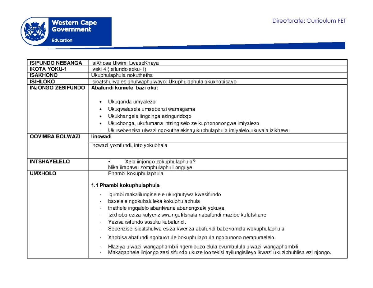 IsiXhosa FAL Grade 11 Term 1 Week 2 Study Material 2021 - Studocu