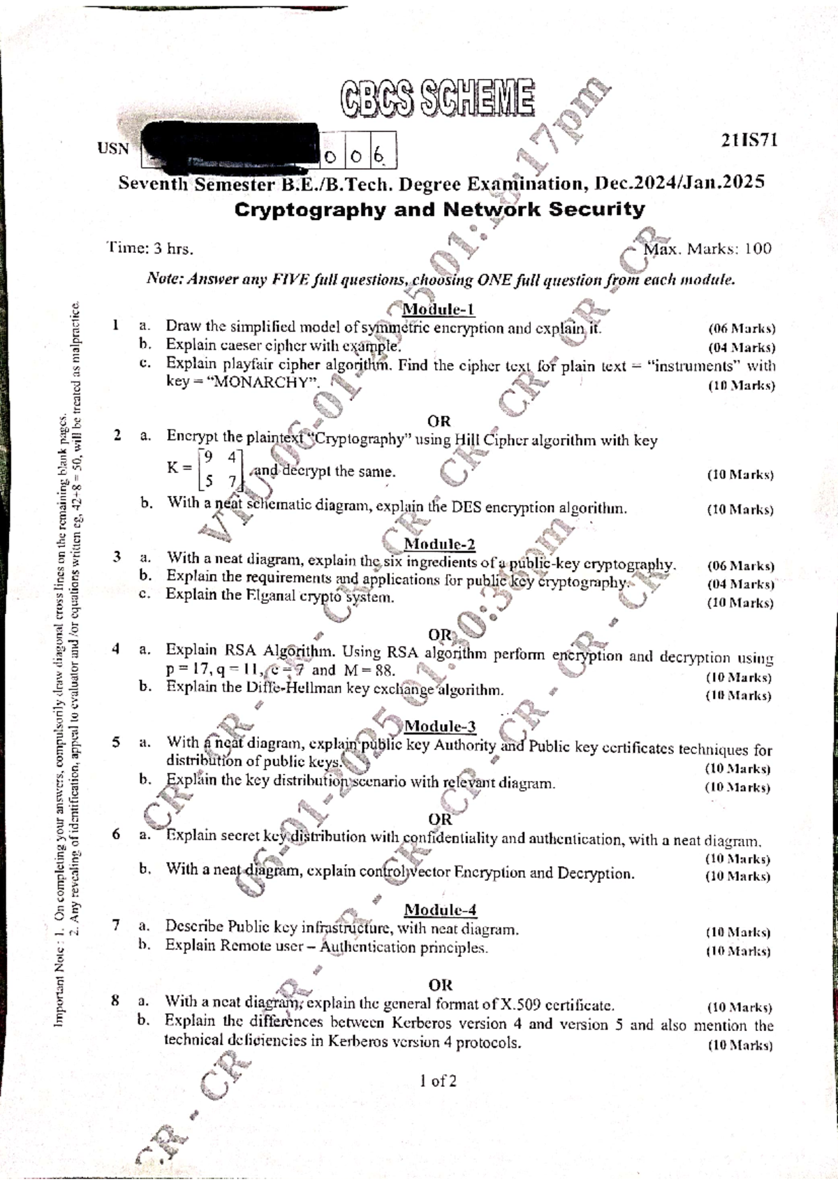 21IS71 Cryptography & Network Security VTU Exam Paper Analysis - Studocu