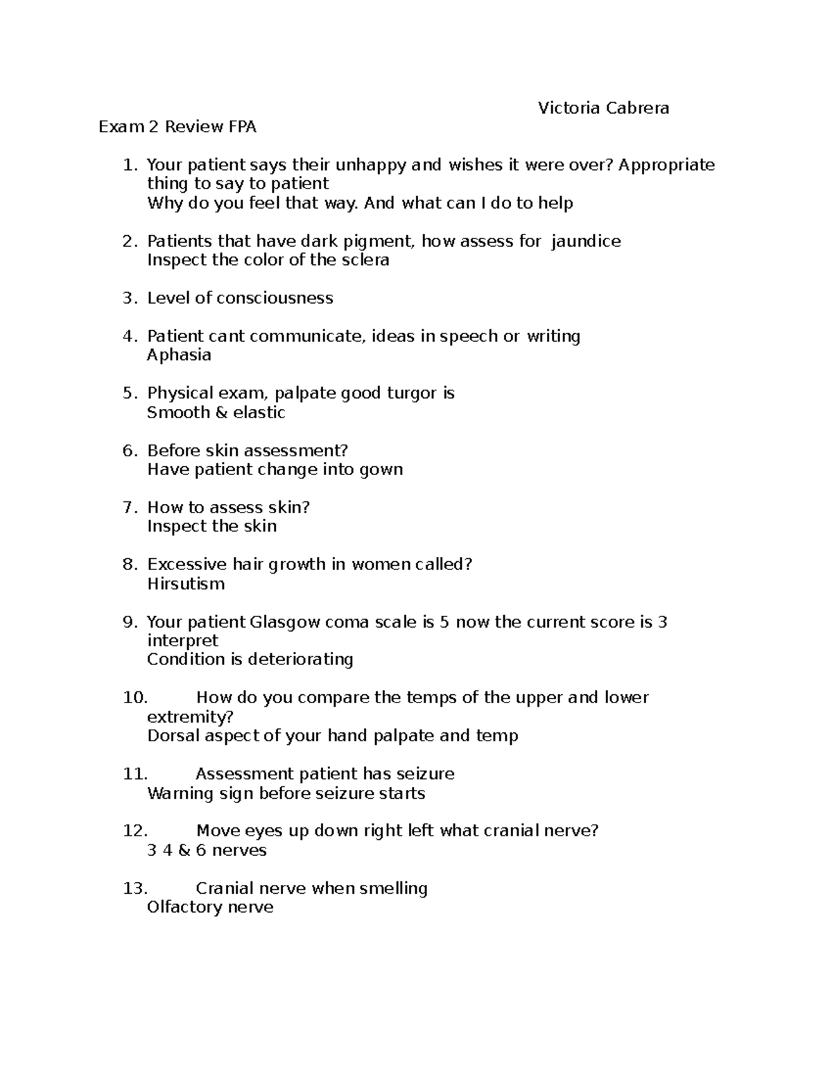 Exam 2 Review FPA - Key Patient Assessment Questions & Answers - Studocu