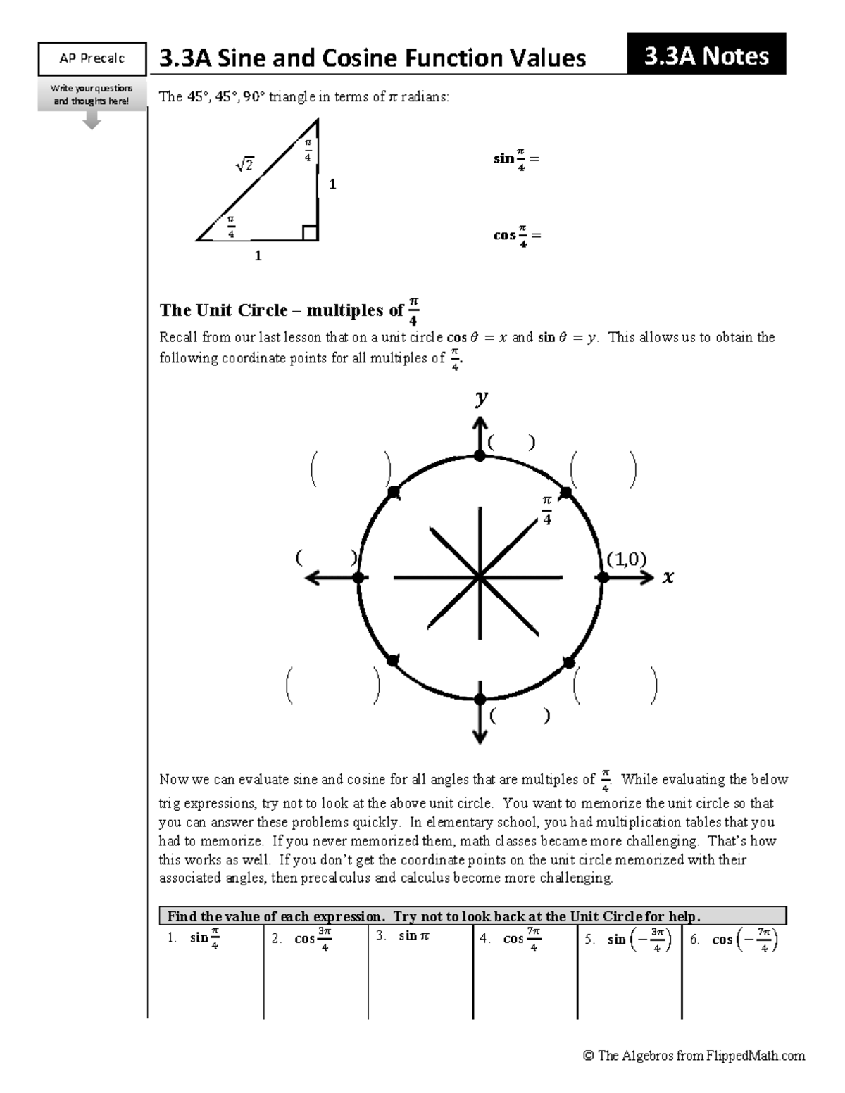 AP Precalc Lesson 3.3A: Sine & Cosine Function Values Notes - Studocu