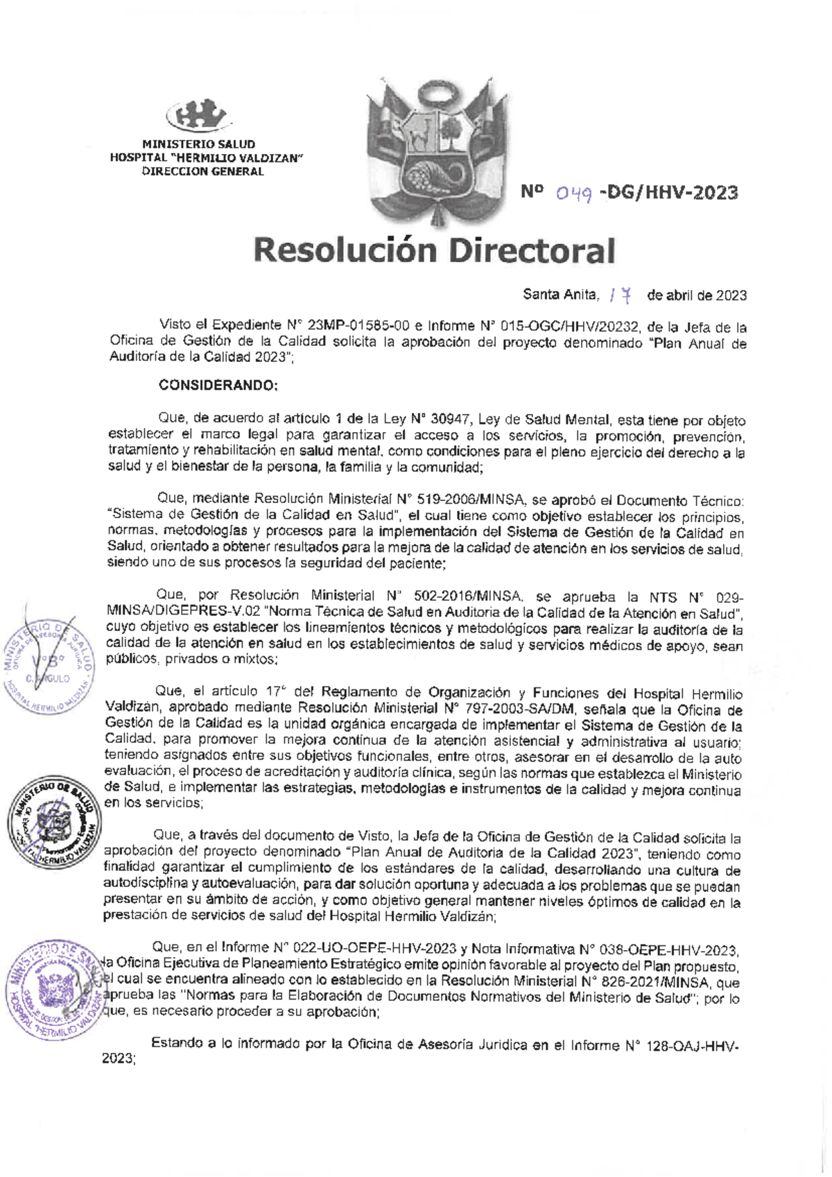 049-DG-17042023 Plan Anual de Auditoría de la Calidad 2023 HHV - Studocu