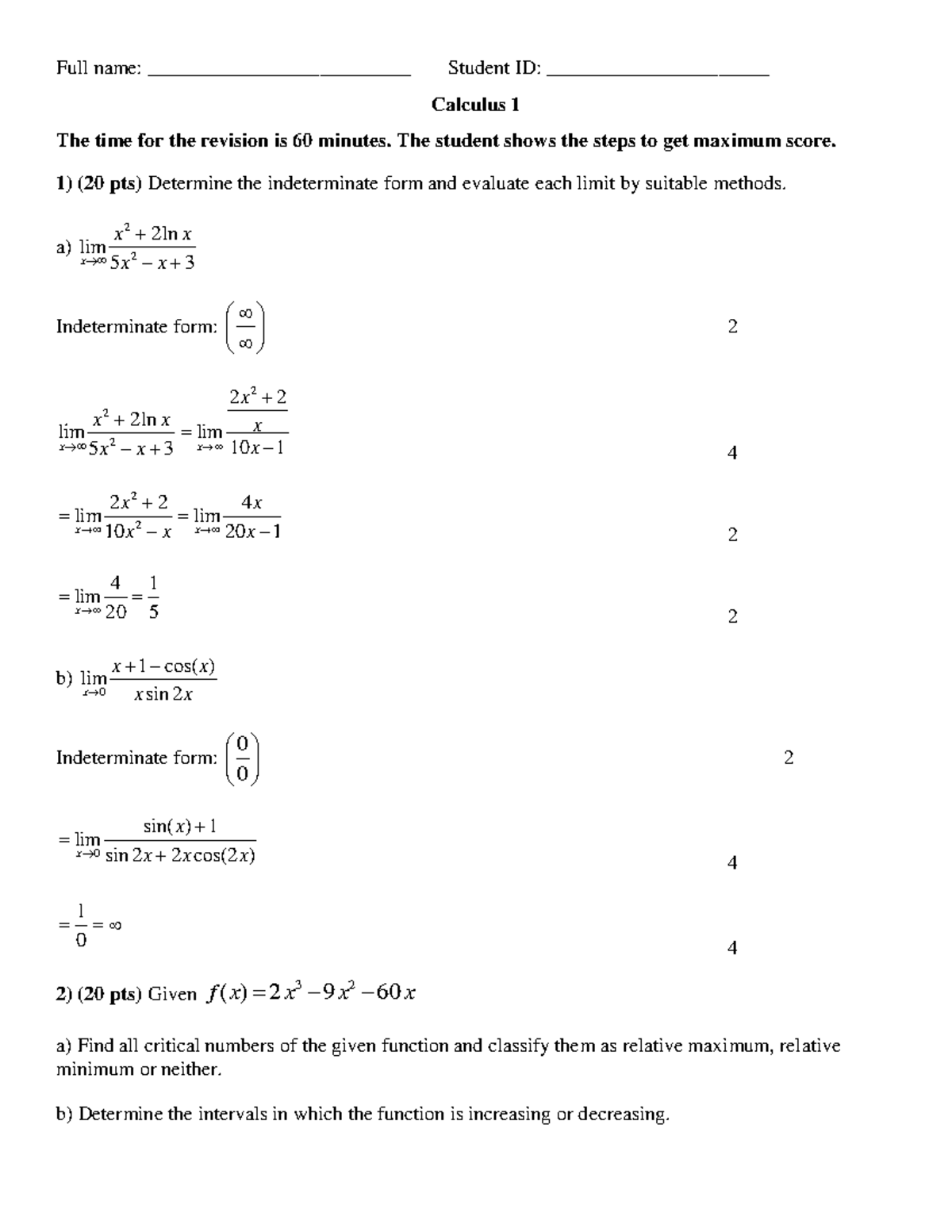 Ans Review 2: Calculus 1 Exam Prep 2025 - Studocu