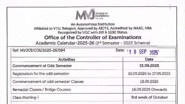 Academic Calendar for 3rd Semester 2025-26 at MVJ College - Studocu