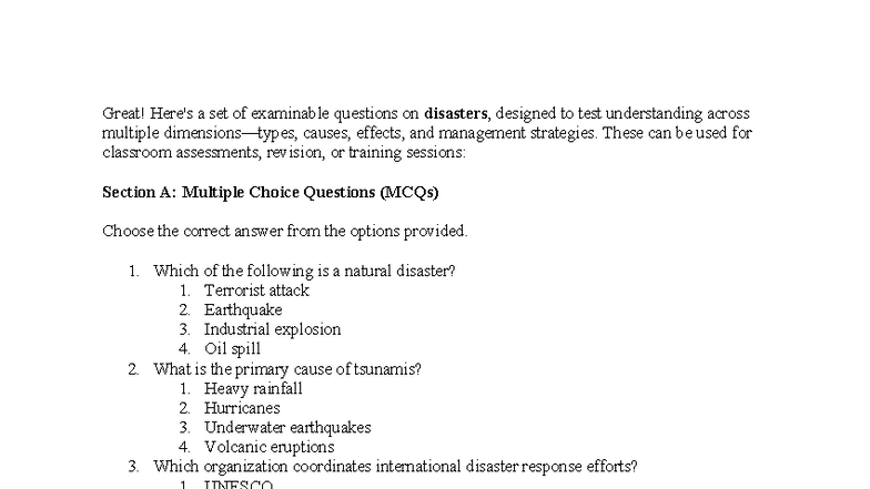Disaster Management Qn Set: MCQs, Short Answers & Essays - Studocu