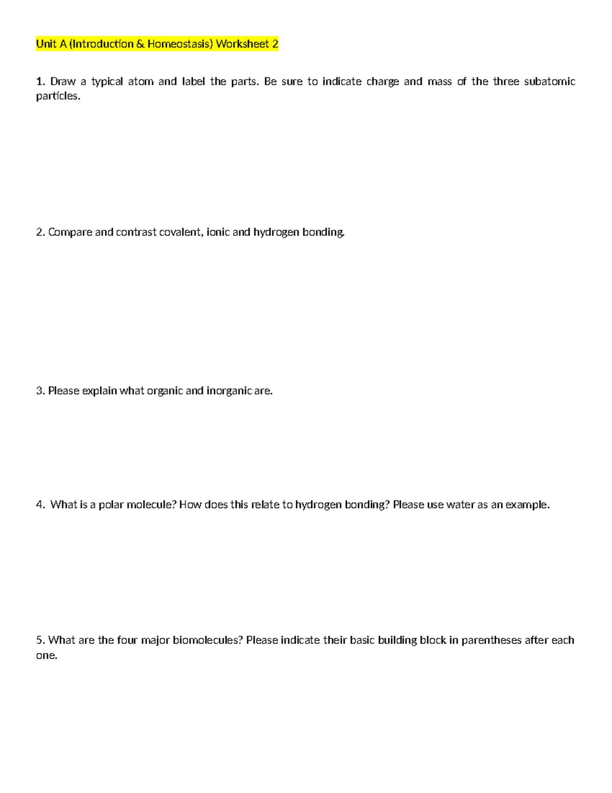 Unit A: Homeostasis & Biological Concepts Worksheet - Studocu