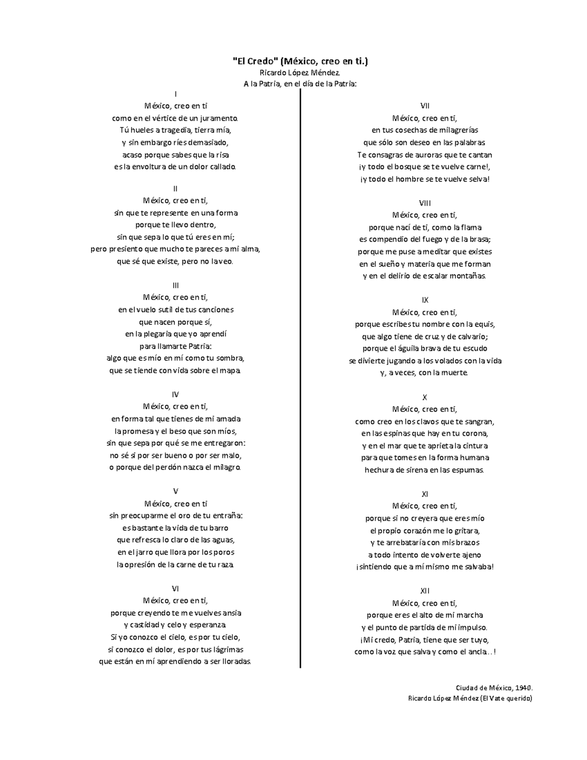 Credo México: Poema de Ricardo López Méndez - Studocu