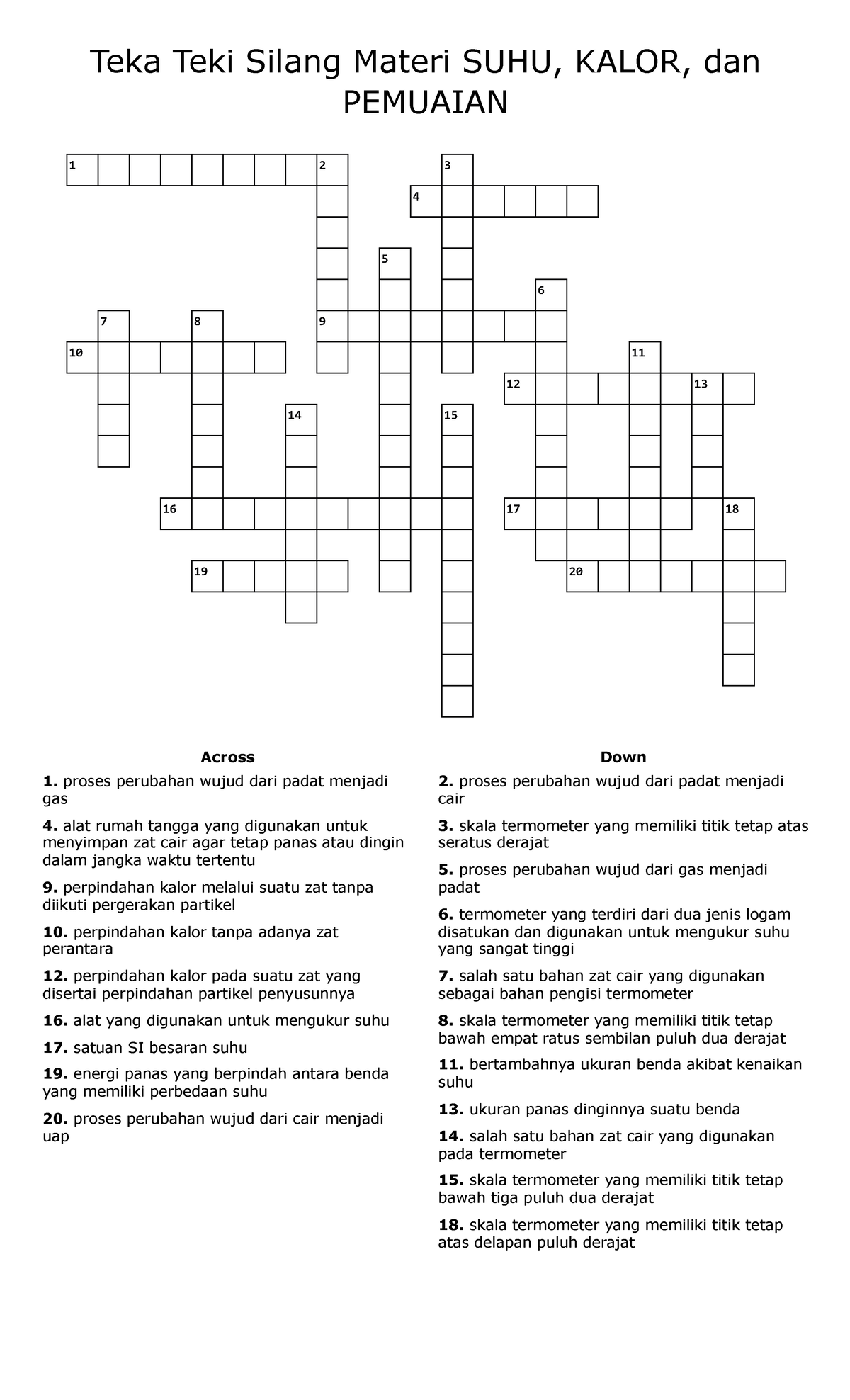 Teka Teki Silang Materi SUHU, KALOR, dan PEMUAIAN - Soal Latihan - Studocu