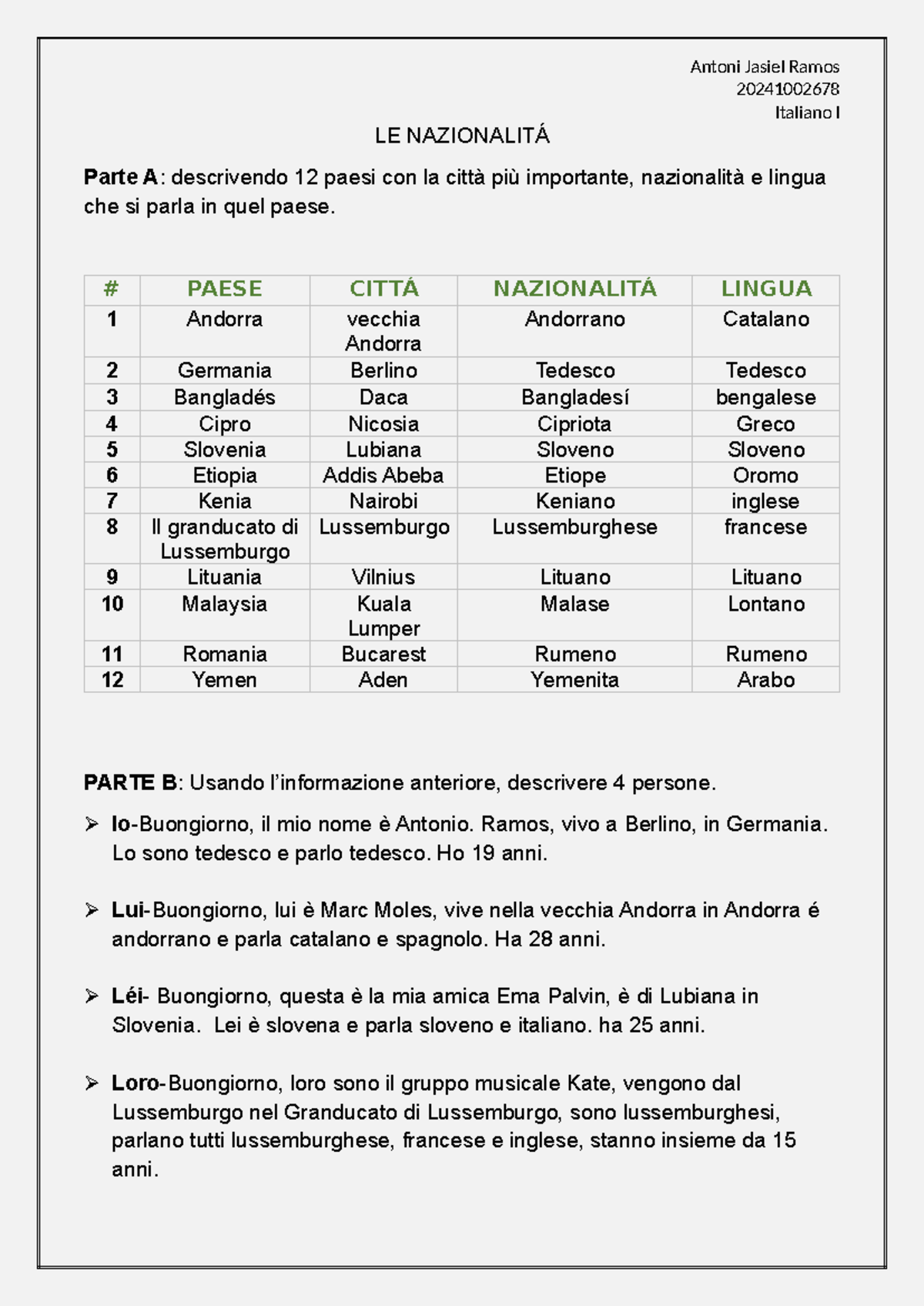 Compito 3 - Nazionalità e Lingue dei Paesi (Italiano l) - Studocu