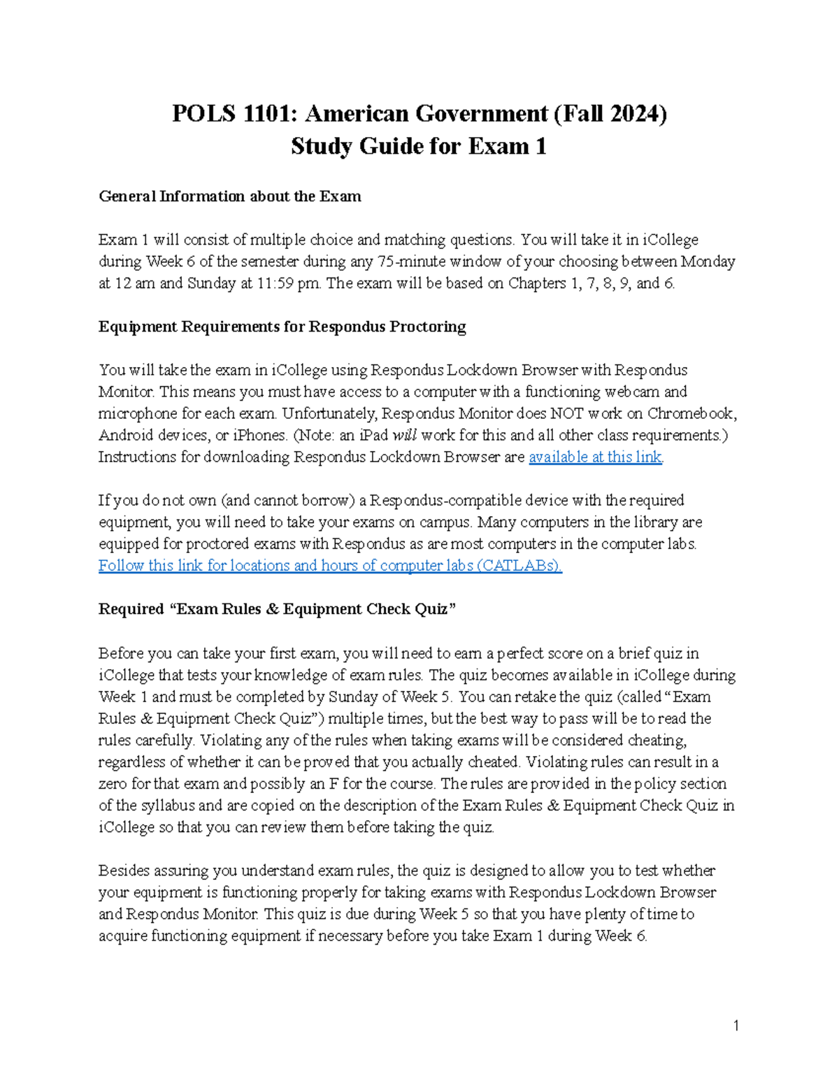 Exam 1 Study Guide 2024 Fall - POLS 1101: American Government (Fall ...