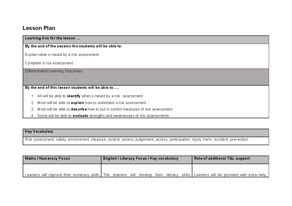 Lesson Plan: Risk Assessment Strategies and Learning Outcomes - Studocu