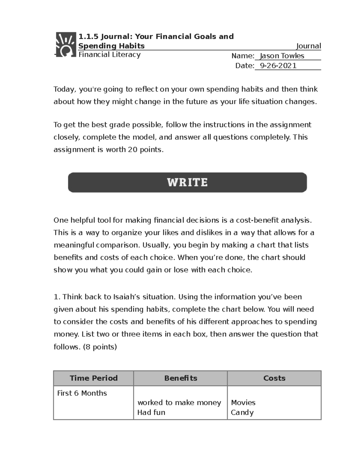1.1.5 Journal: Analyzing Financial Goals & Spending Habits by Jason ...