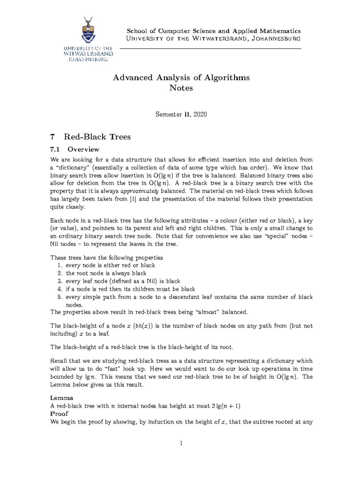 Advanced Analysis of Algorithms: Red Black Trees Notes (CSAM 2020 ...