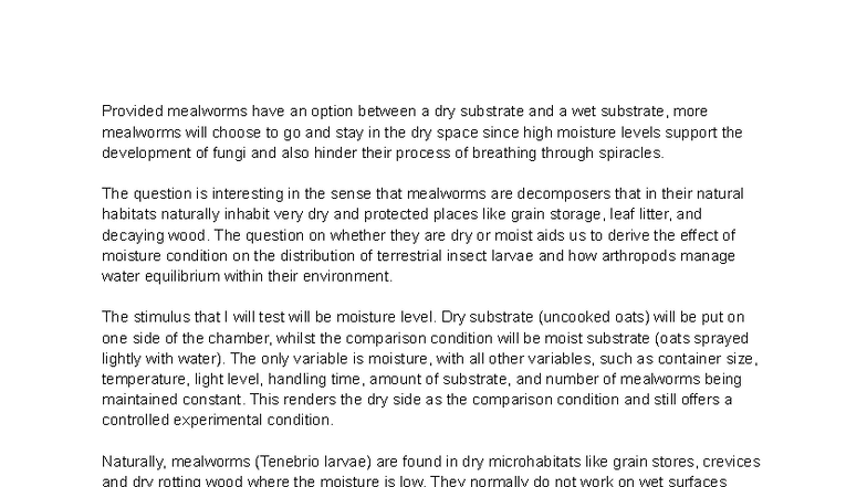 Biol 110 Lab Report: Mealworm Substrate Preference Experiment - Studocu