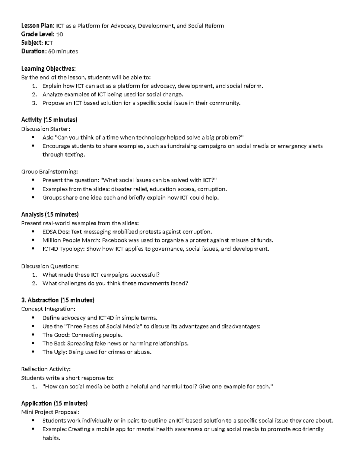 ICT Lesson 9: Advocacy & Development through ICT in Grade 10 - Studocu