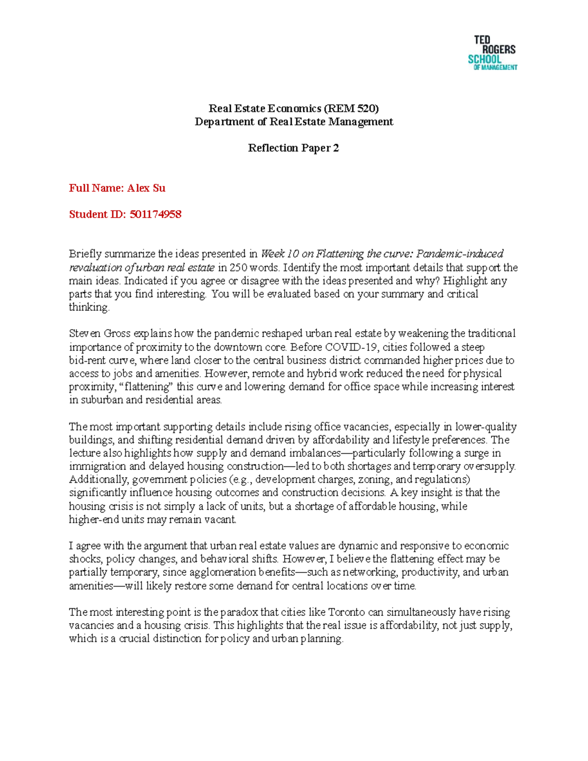 REM 520 - Reflection Paper 2: Urban Real Estate Post-Pandemic Insights ...
