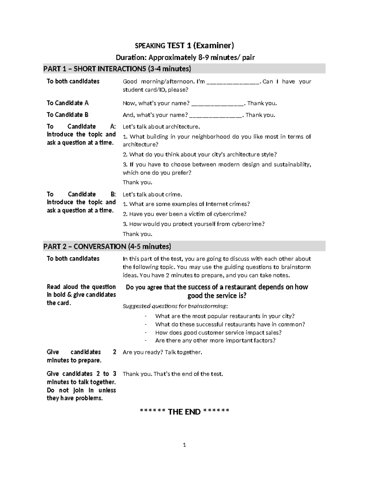 Sample Speaking Test 1 & 2 (Course 3-NEW) - Studocu