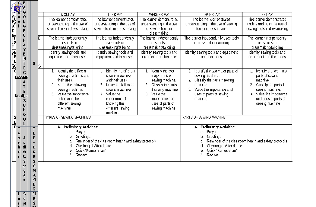 Dressmaking G8 Week 3 Lesson Plan - Sewing Tools & Machines - Studocu