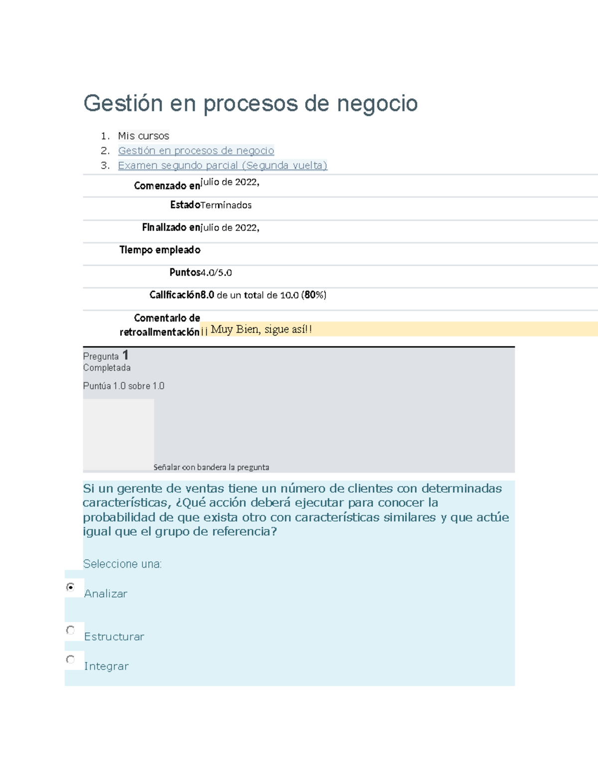 Gestión en Procesos de Negocio Examen Semana 2 (Segunda Vuelta) - Studocu