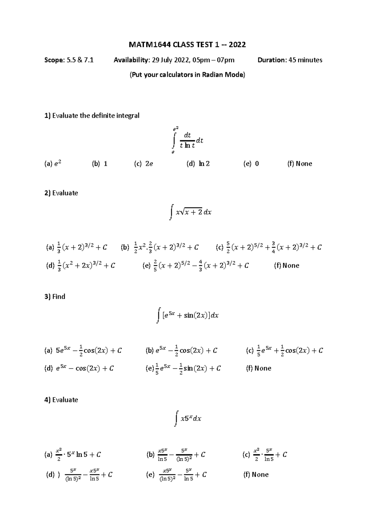 MATM1644 CLASS TEST 1 2022: Scope & Questions Overview - Studocu