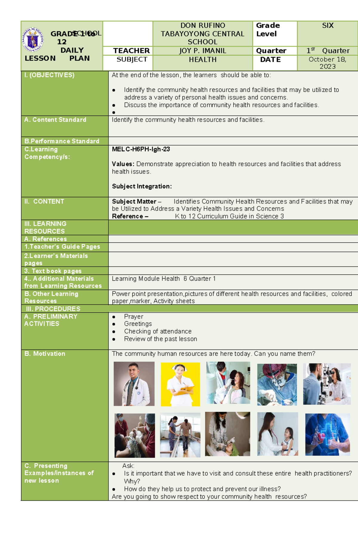 COT1 2023 Health 6 Lesson Plan: Community Health Resources and ...