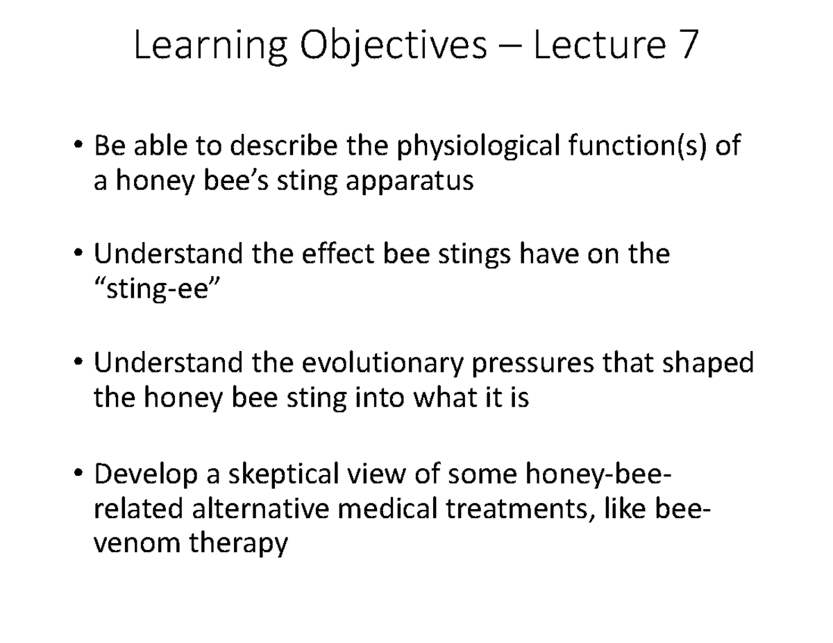 ADA Lecture 7: Understanding Honey Bee Sting Physiology and Myths - Studocu