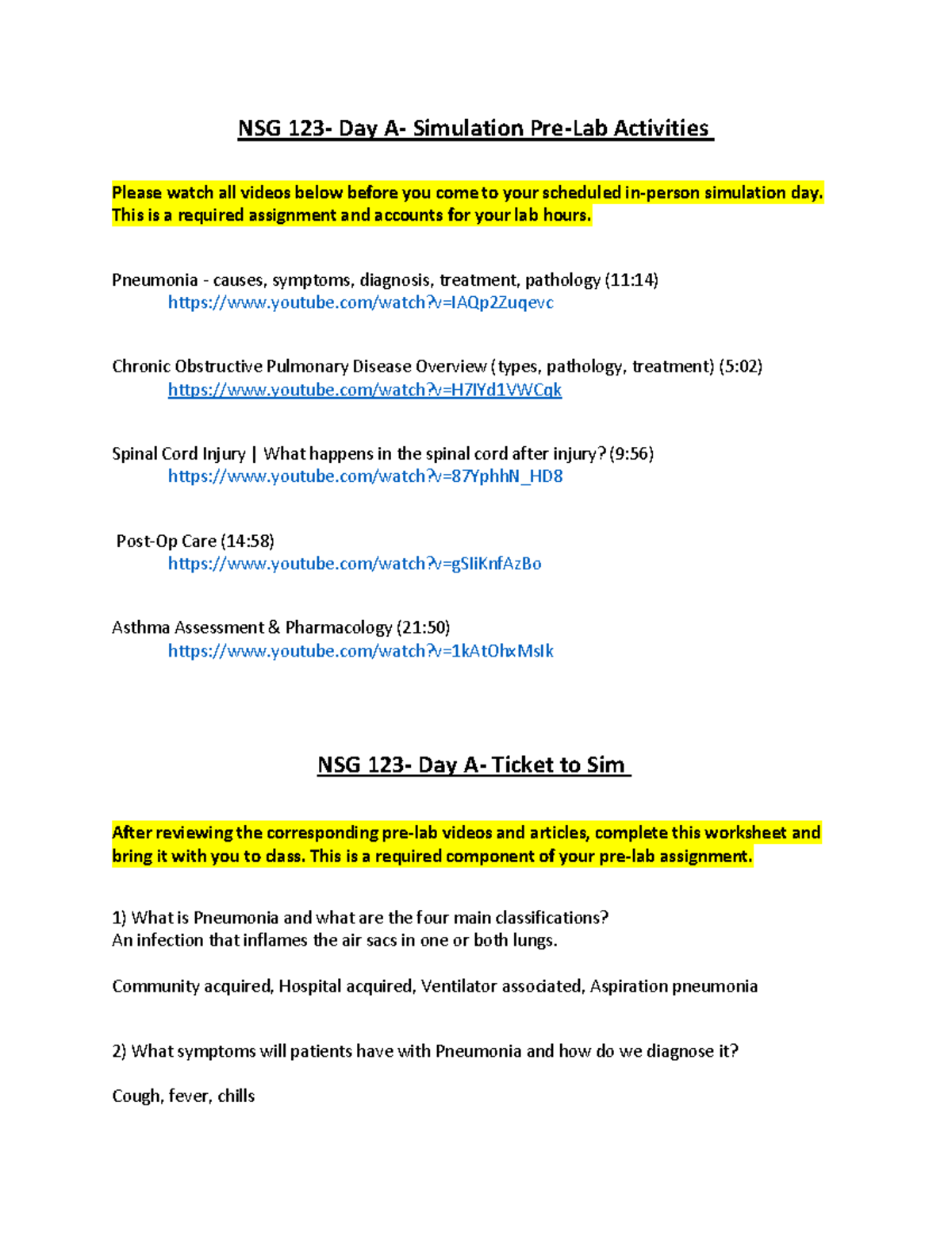 NSG 123 Ticket to Sim 1 - NSG 12 3 - Day A- Simulation Pre-Lab ...