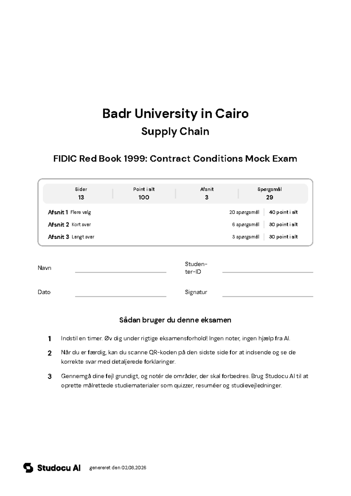 FIDIC Red Book 1999: Contract Conditions Mock Exam - Studocu