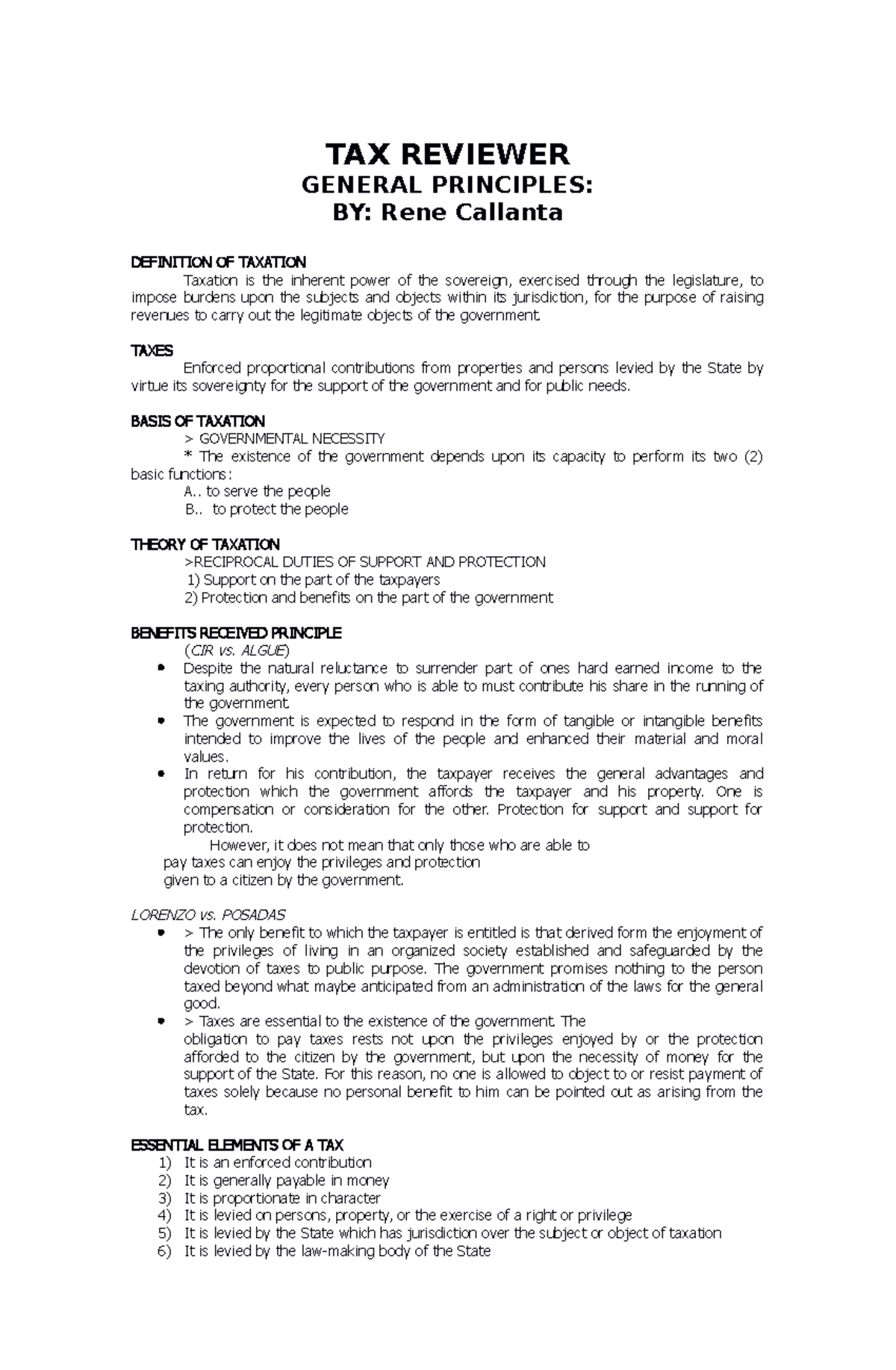 TAX 101: Comprehensive Taxation Principles & Key Concepts Review - Studocu
