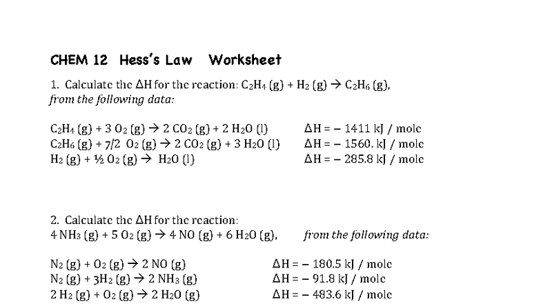 CHEM 1210 Final Exam: Hess's Law Calculations and ΔH Values - Studocu