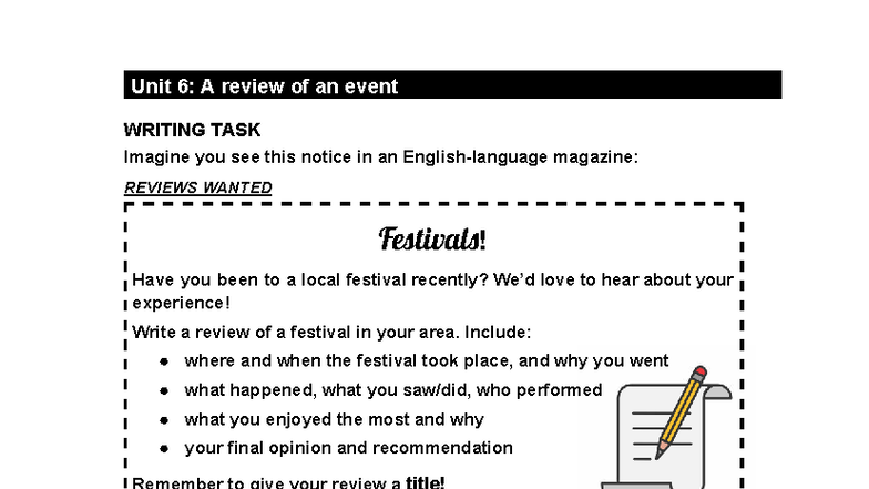 Unit 6: Review of a Local Festival - Writing Task - Studocu