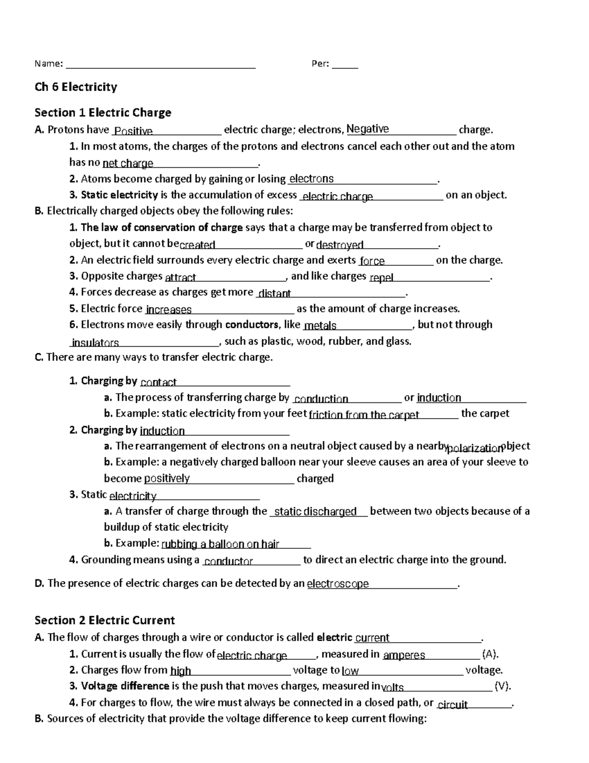 Annotated Chapter 6 Electricity Student Notes Wksht - Studocu