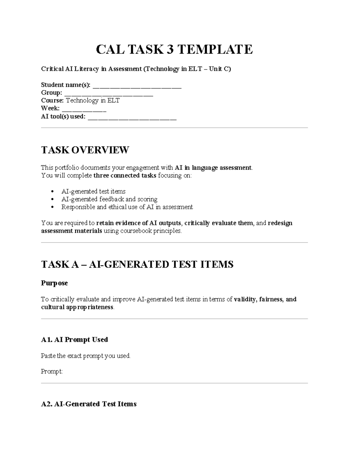 CAL TASK 3 Template - Critical AI Literacy in Assessment - Studocu