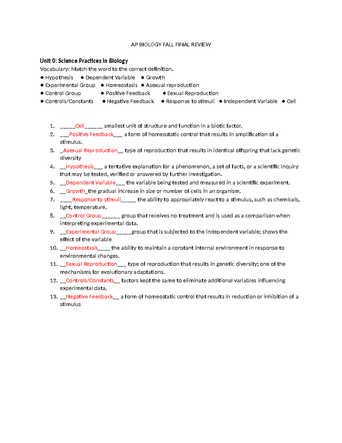 AP BIOLOGY FALL Final Exam Comprehensive Review Guide - Studocu