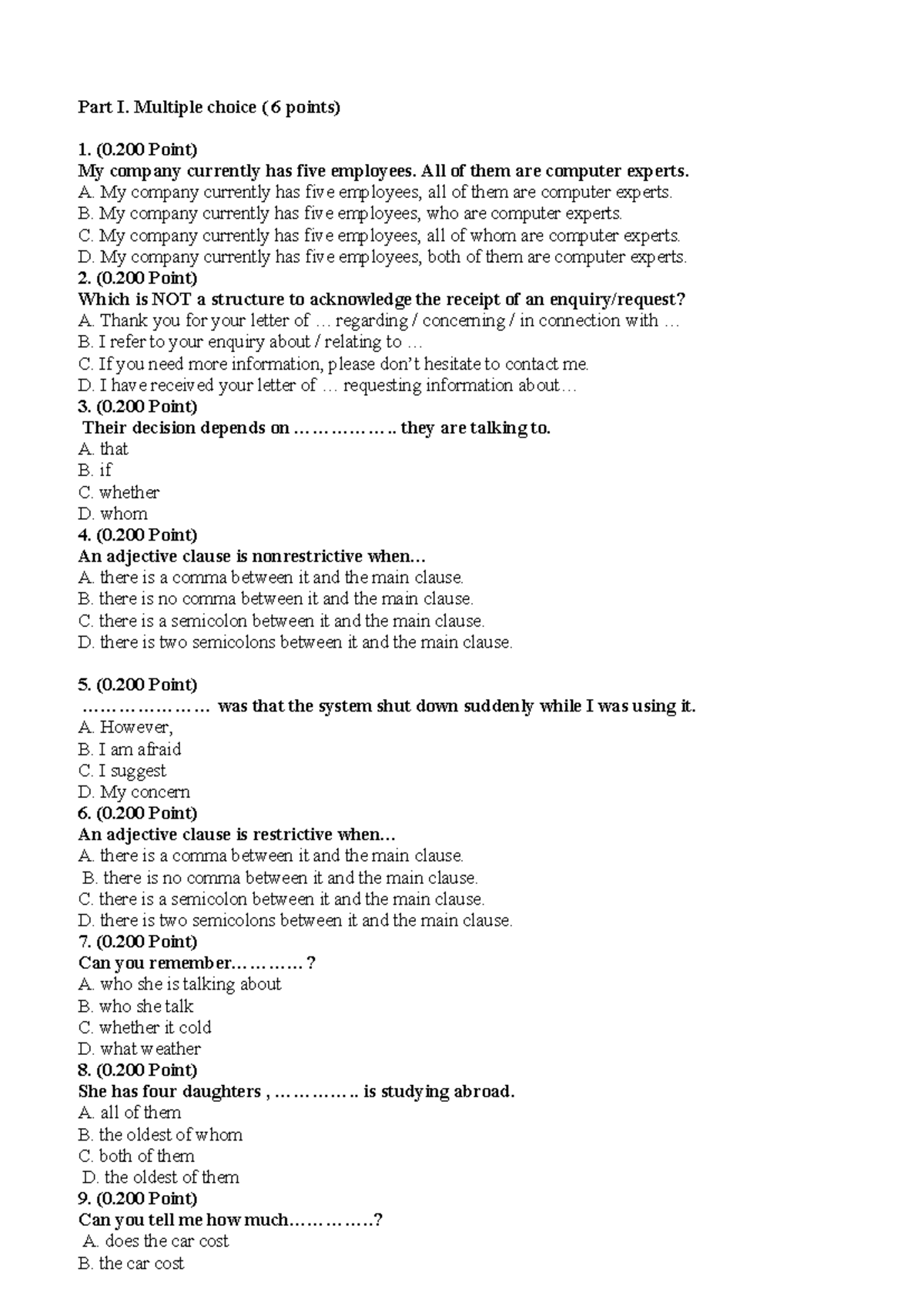 KIỂM TRA TK: Multiple Choice Questions & Writing Tasks - Studocu