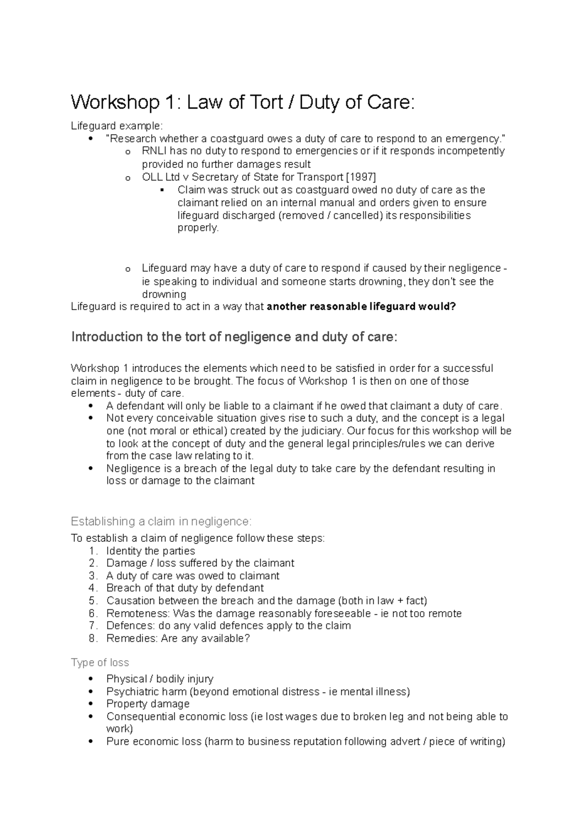 Tort Law WS1: Duty of Care & Negligence Overview Notes - Studocu