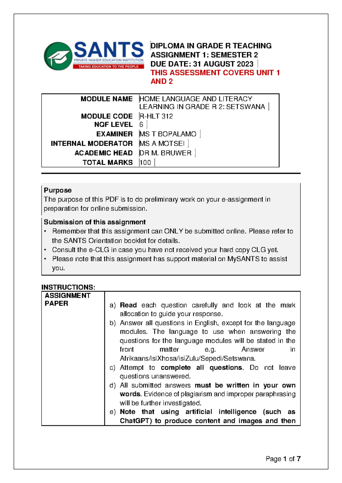 GRADE R TEACHING ASSIGNMENT 1: HOME LANGUAGE & LIT (R-HLT 312) - Studocu