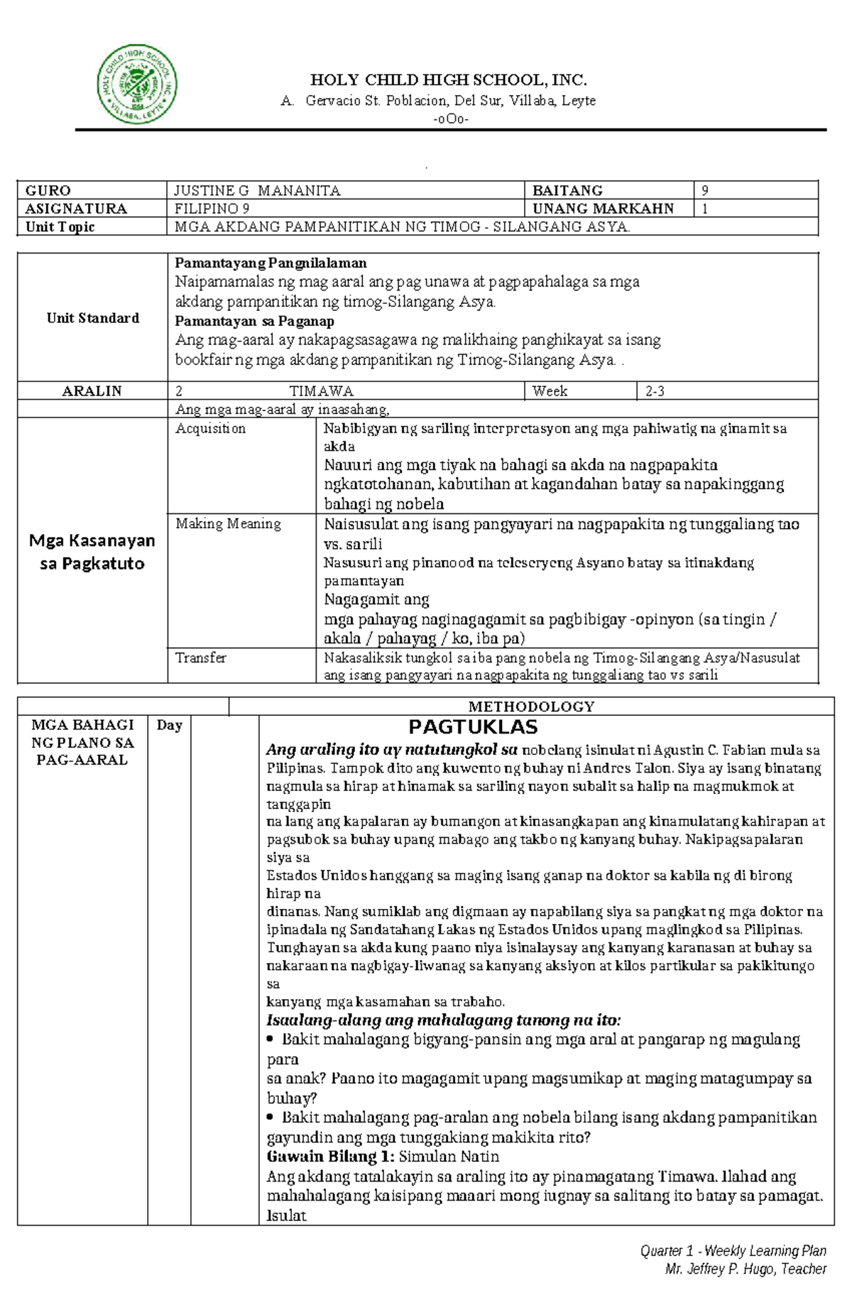 FILIPINO 9: Unit Plan on Timawa and Literary Analysis Techniques - Studocu