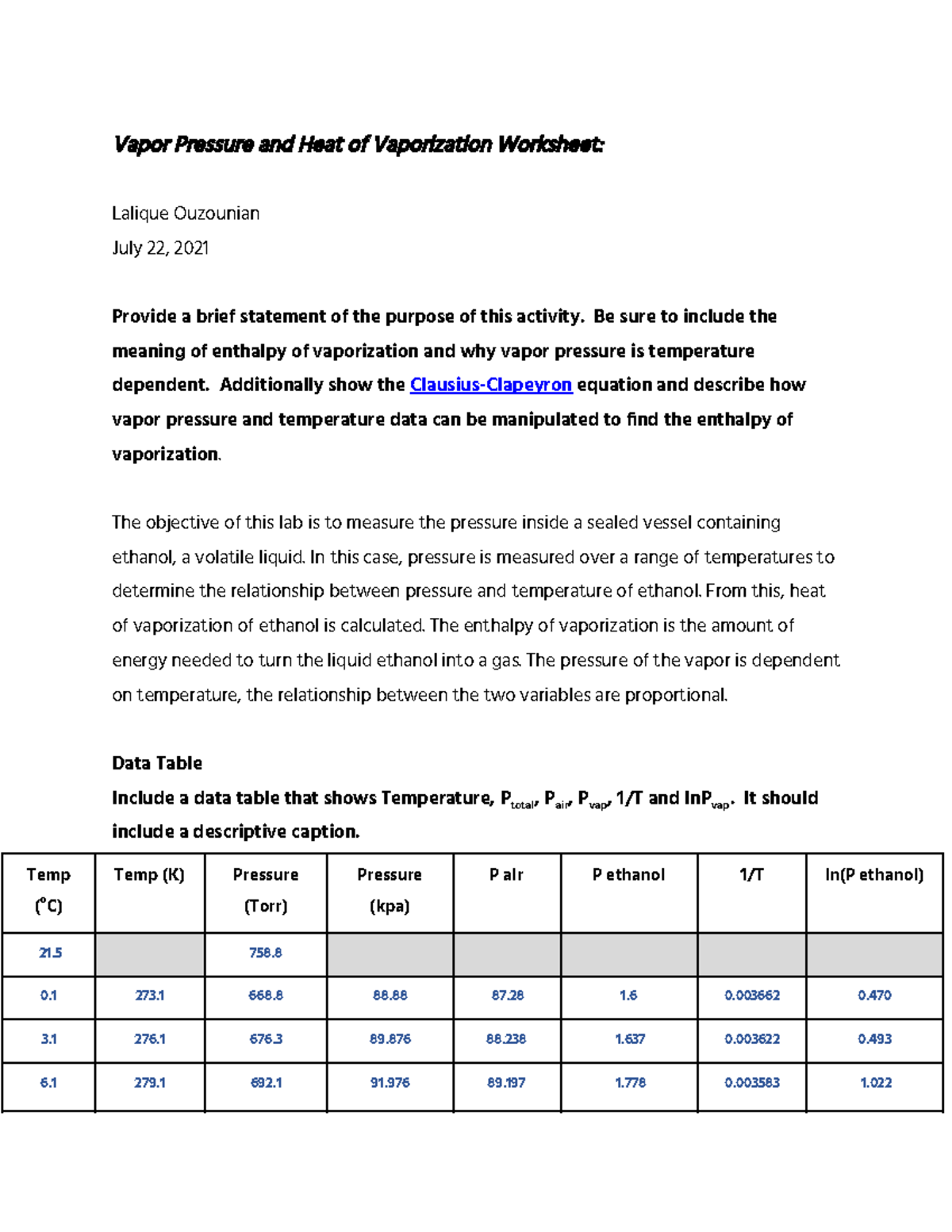 Vapor Pressure & Heat of Vaporization: Lab Worksheet for Chemistry 101 ...