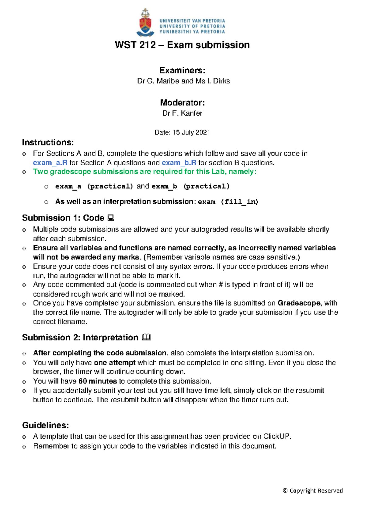 WST212 - Exam2021 - Submission Instructions - WST 212 – Exam submission Examiners: Dr G. Maribe ...