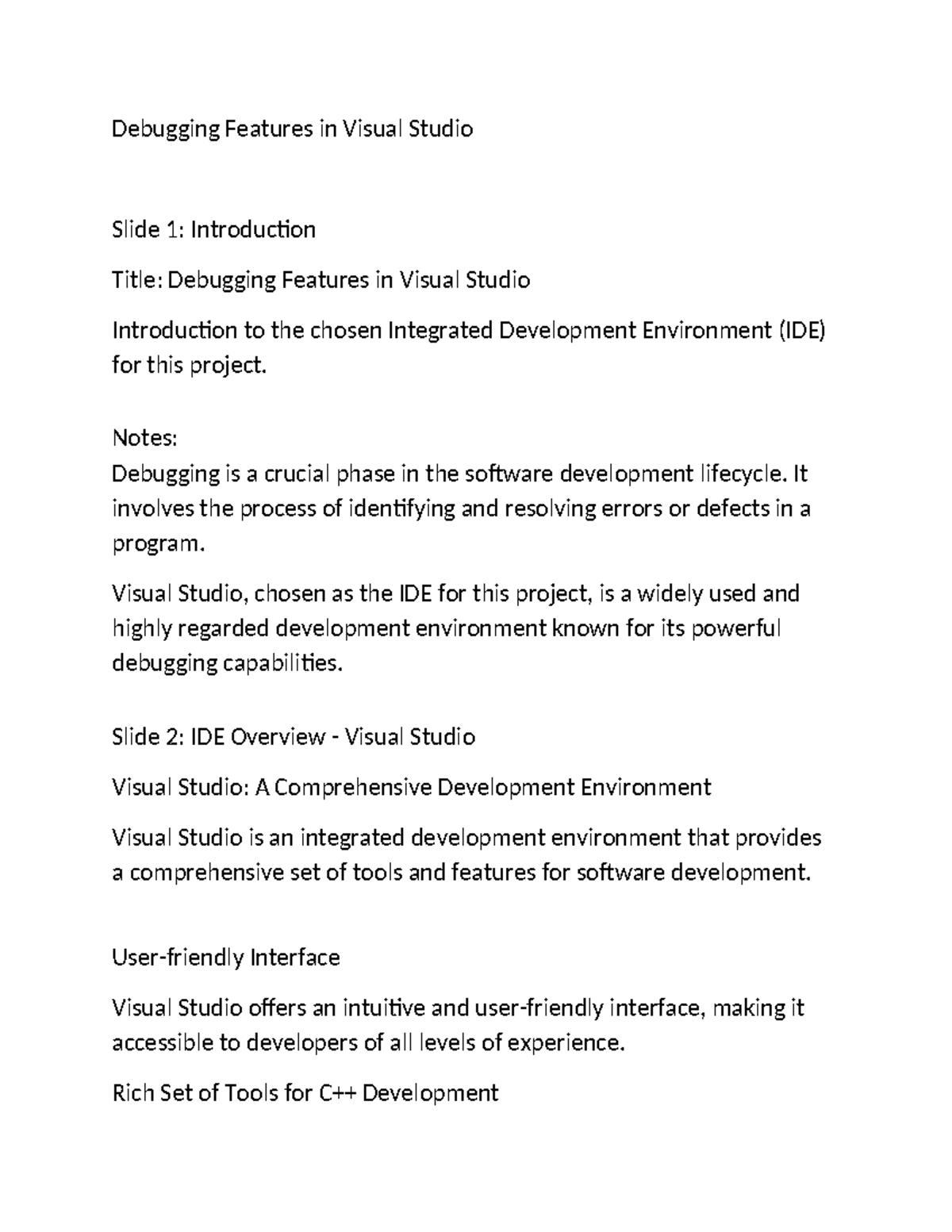 PPt for Debugging Features in Visual Studio - Debugging Features in ...