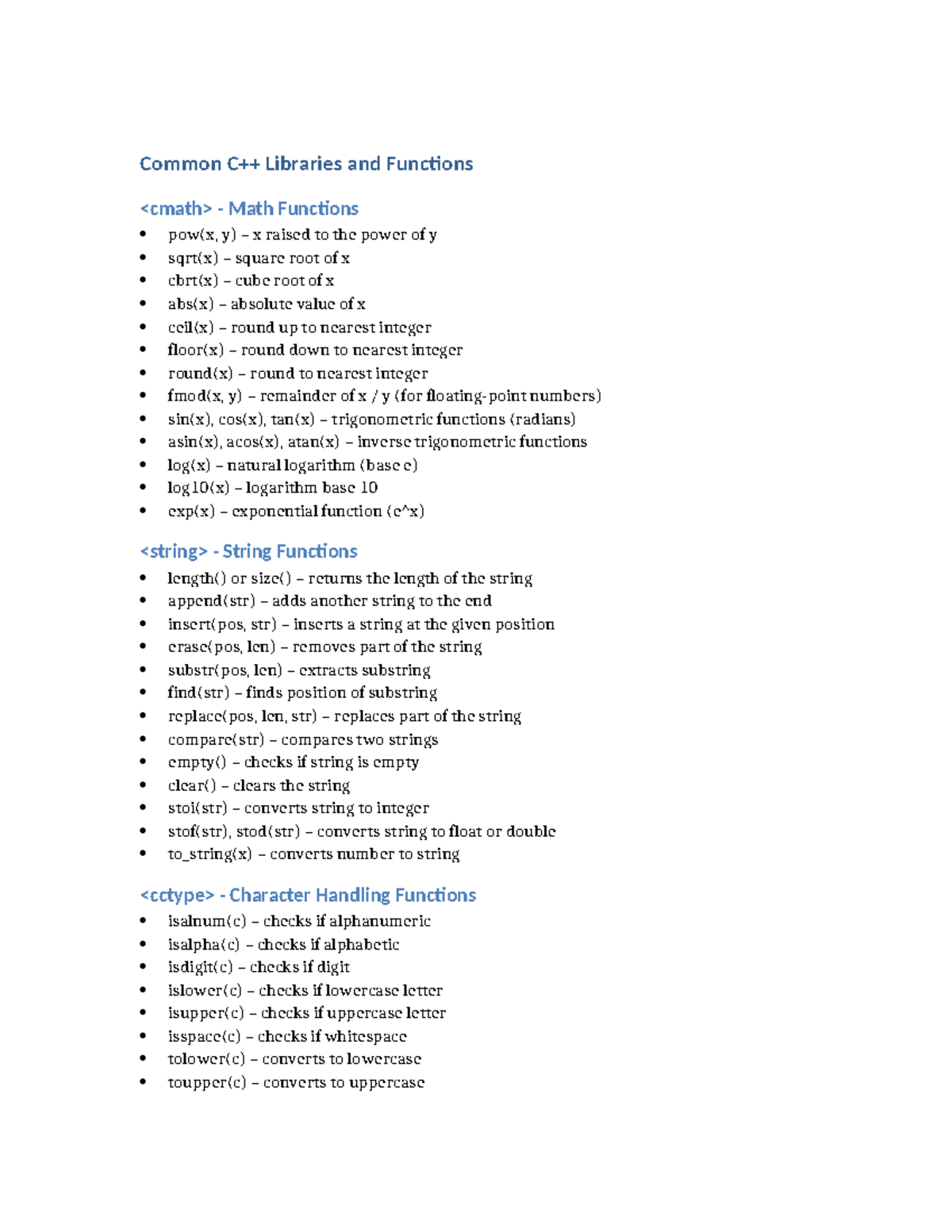 Common CPP Functions: Libraries & Math Functions Overview - Studocu