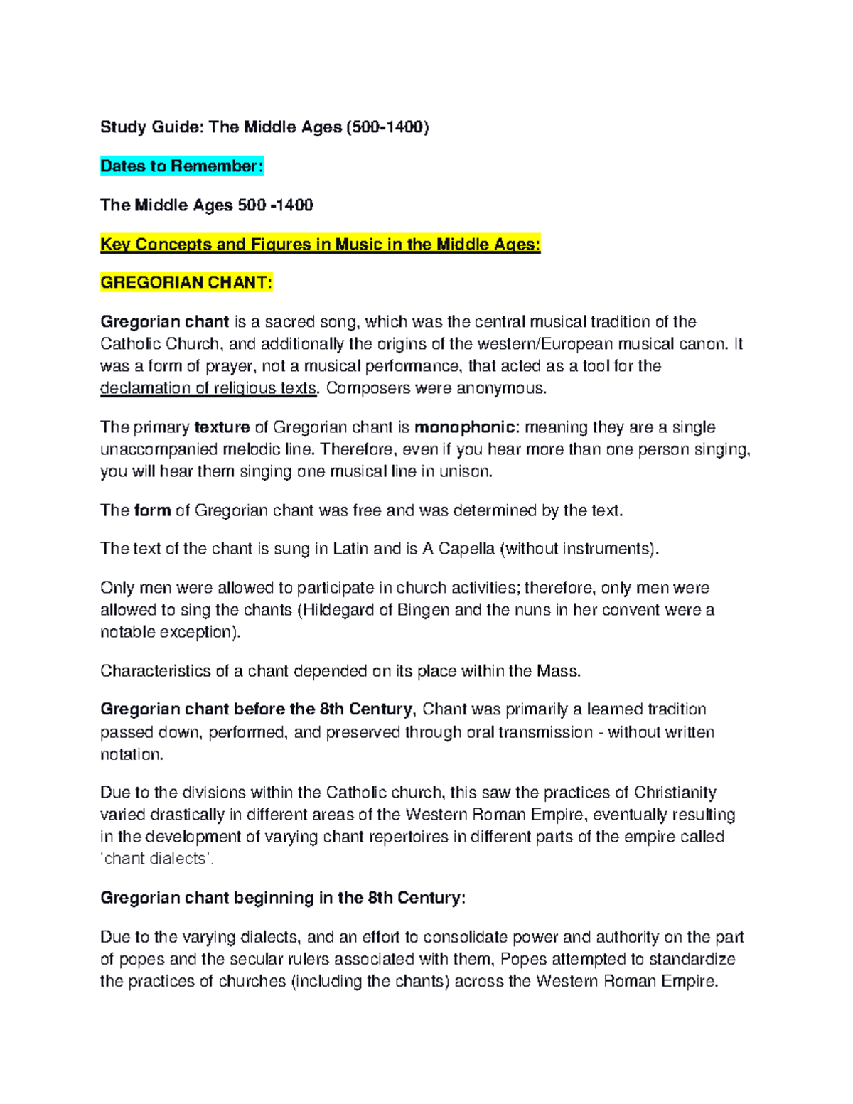 MUS 4 Midterm Study Guide: Music of the Middle Ages (500-1400) - Studocu