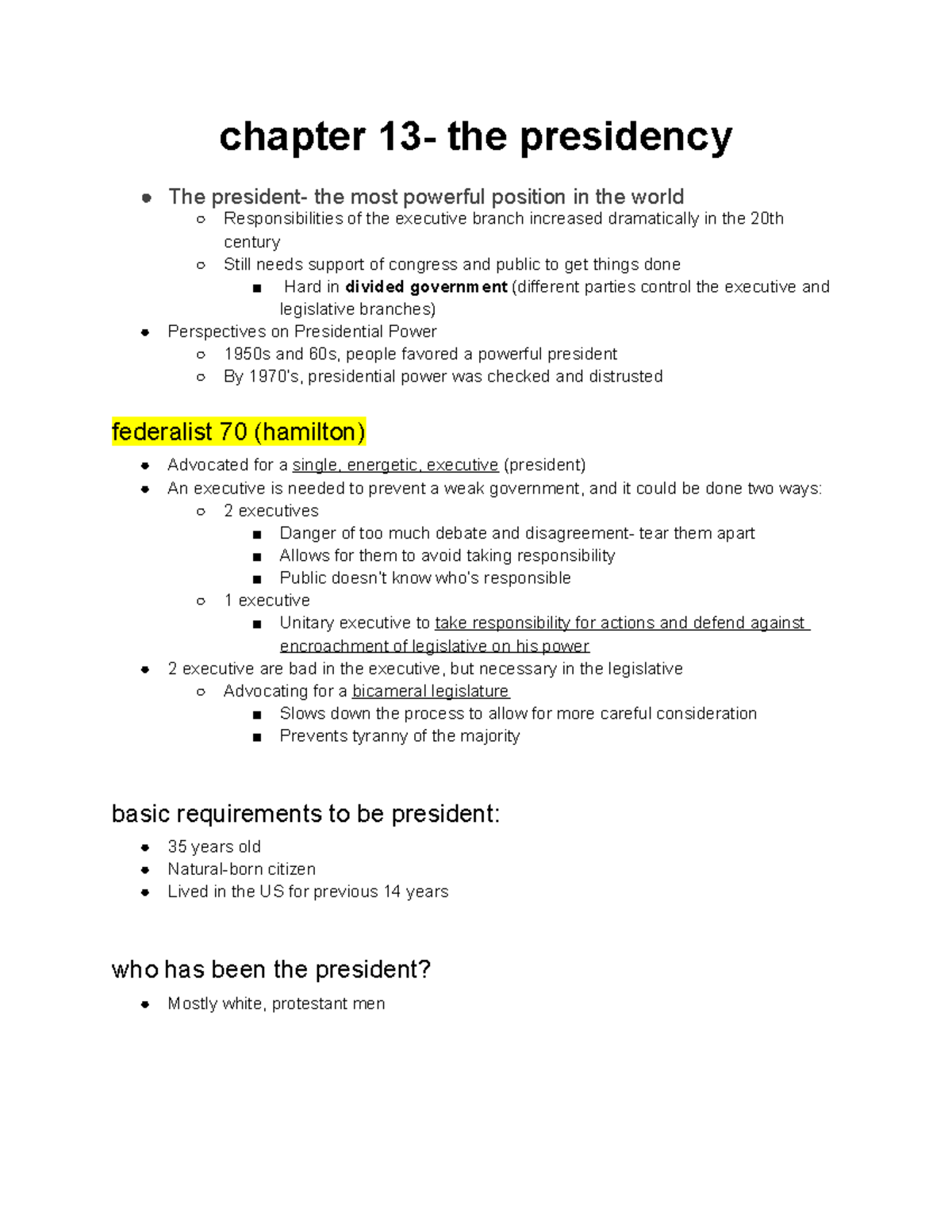 Ch 13 Notes - The Presidency - chapter 13- the presidency The president ...