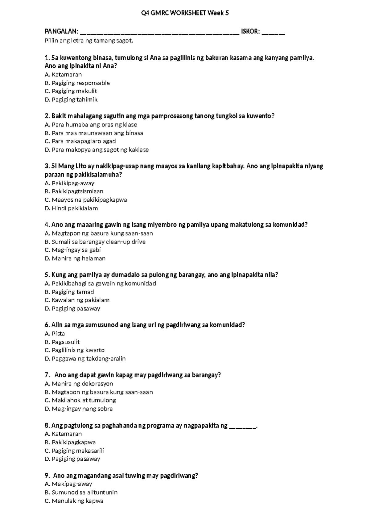Q4 GMRC Worksheet: Week 5 Activities and Questions - Studocu