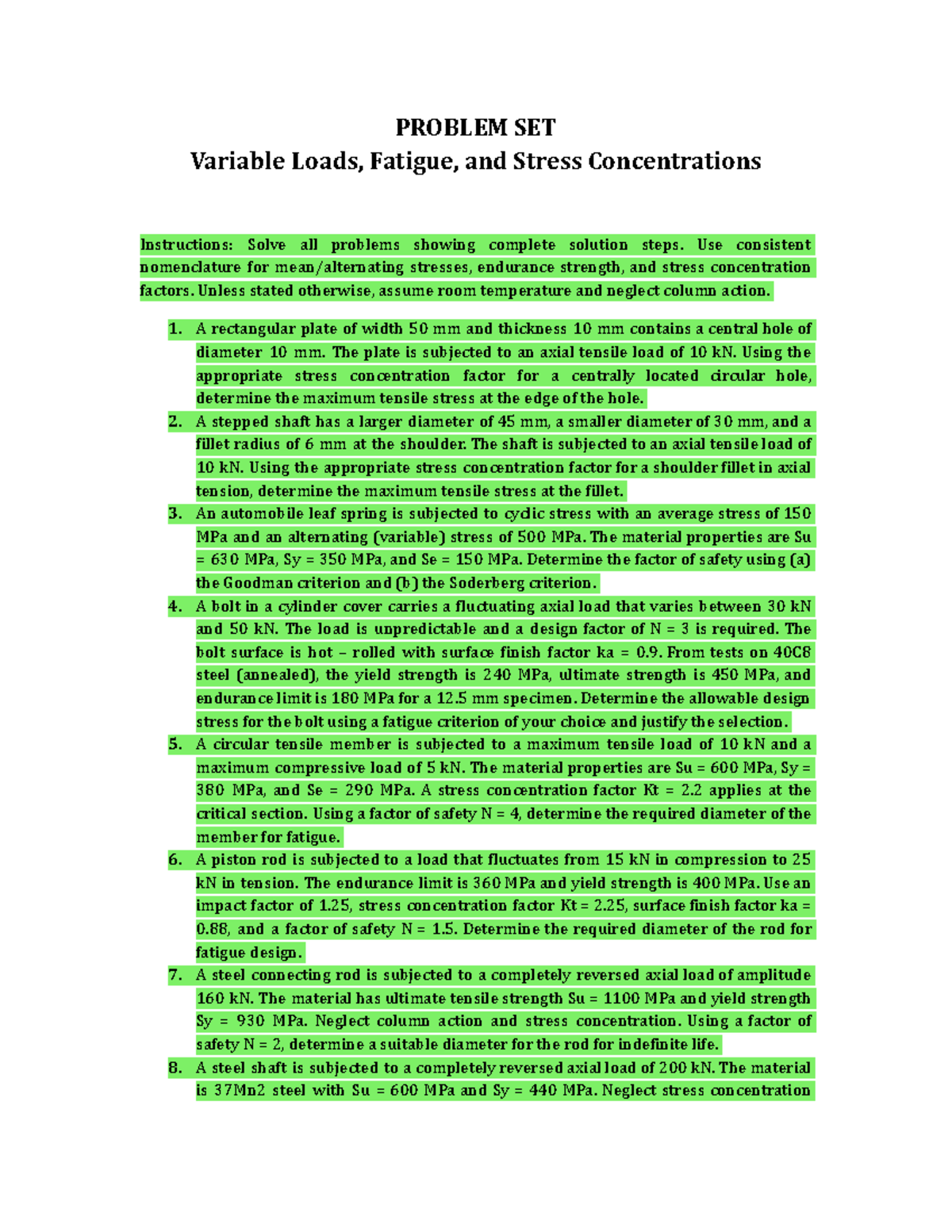 Problem Set: Variable Loads, Fatigue, and Stress Concentrations (ENG ...