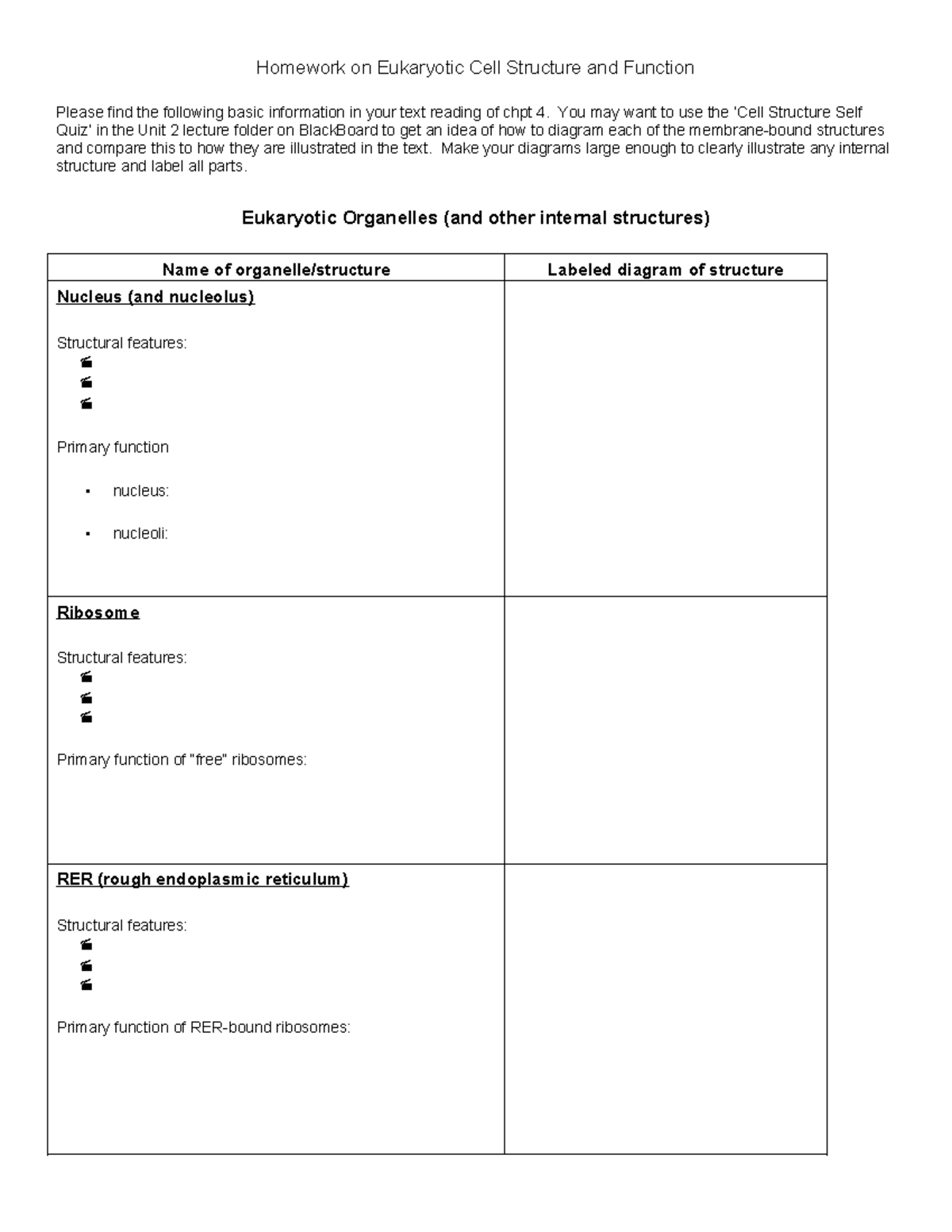 Organelle worksheet - org - Homework on Eukaryotic Cell Structure and ...